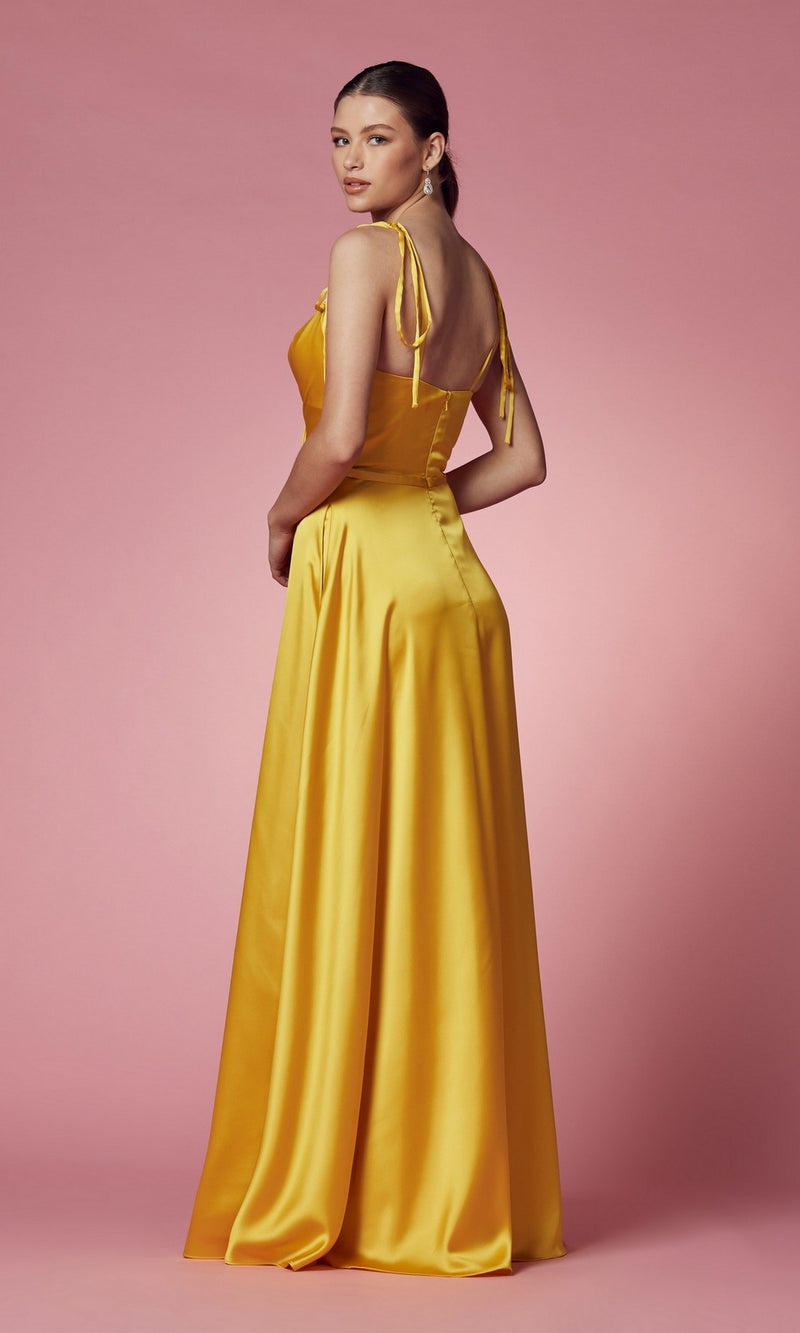 Long Faux-Wrap Prom Dress with Shoulder Ties -PromGirl