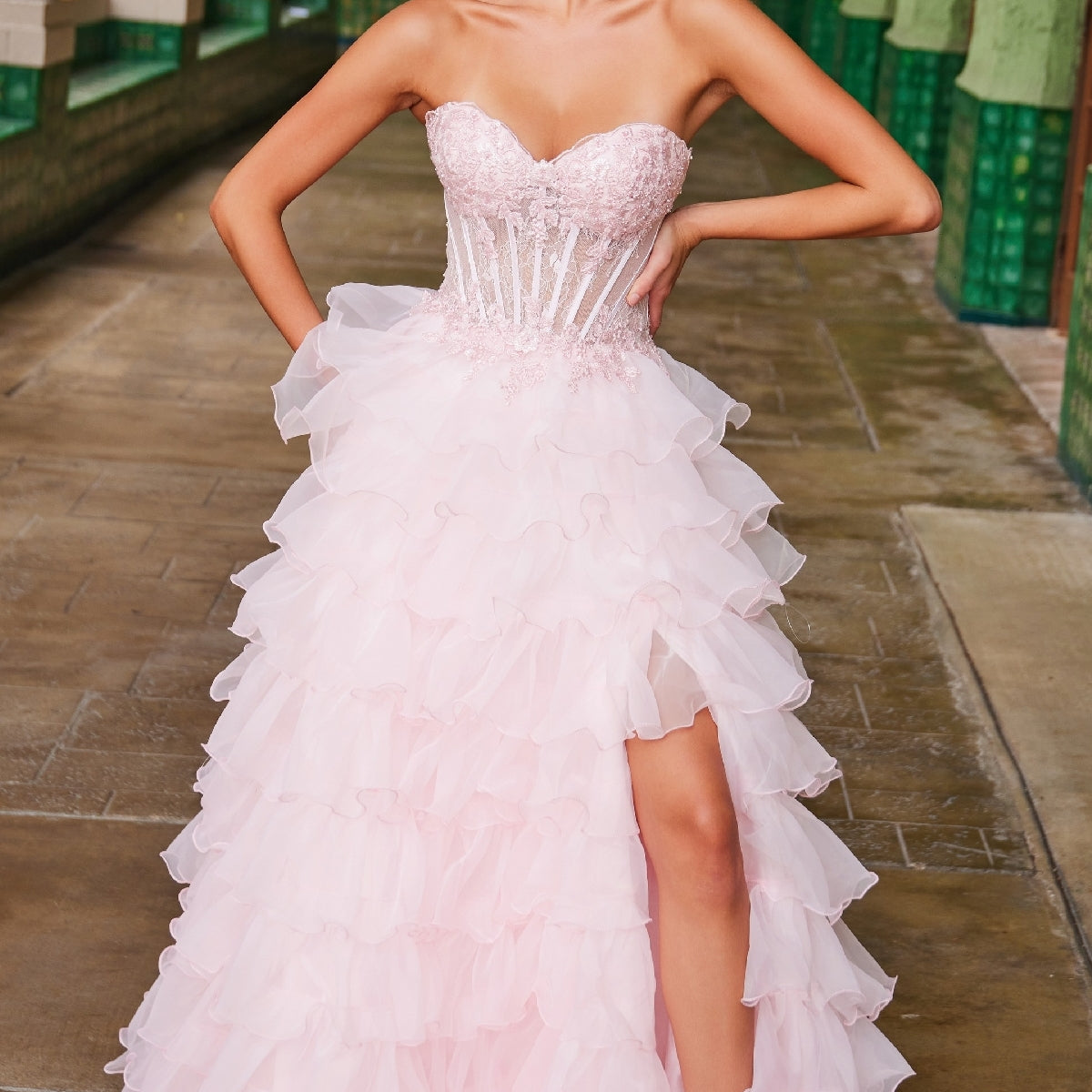 Lace-Up Strapless Long A-Line Prom Dress with Ruffles