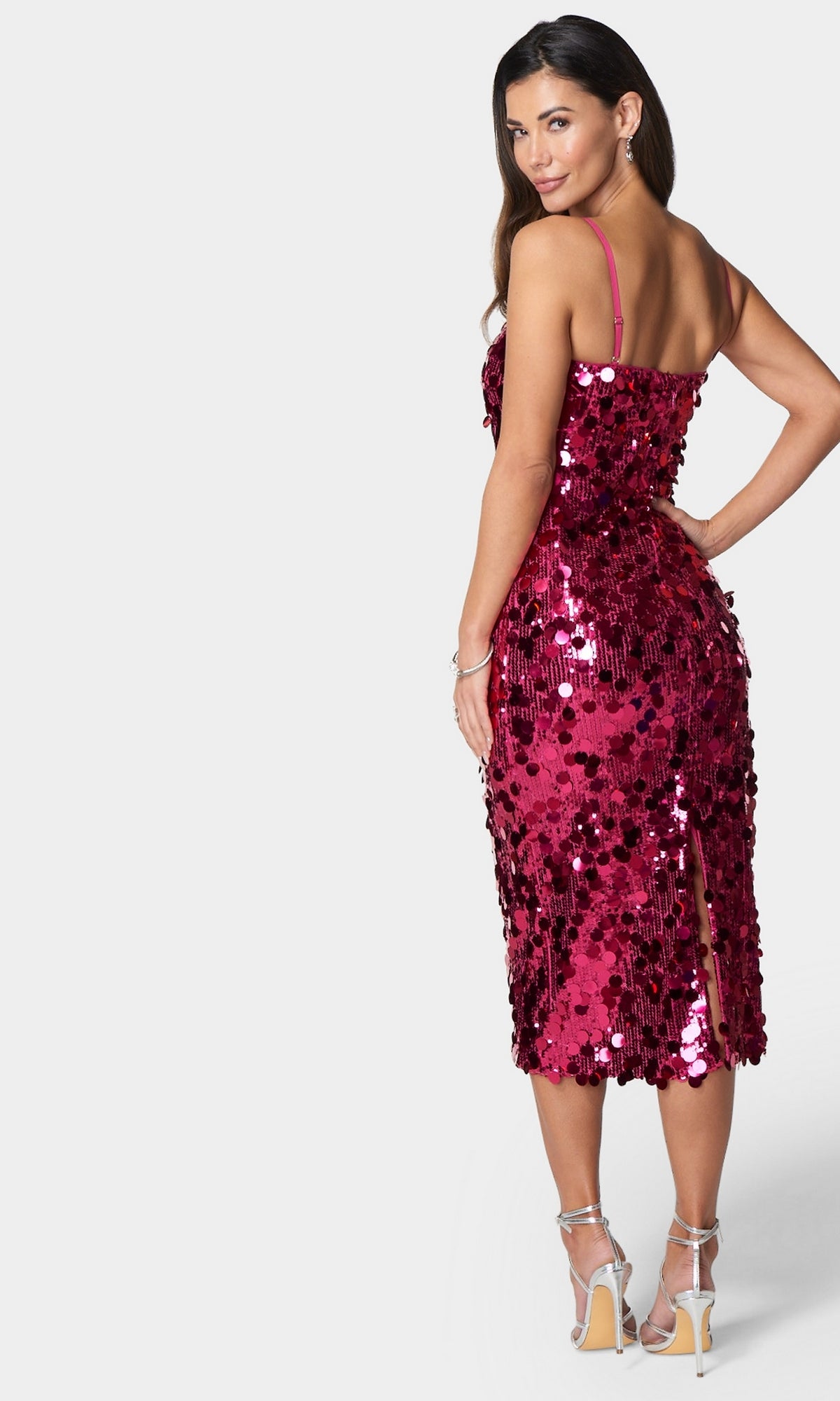 Midi-Length Pink Party Dress with Payette Sequins