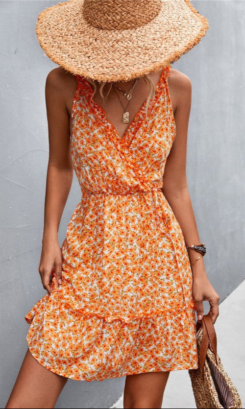 Casual Short Orange Floral V-Neck Sundress
