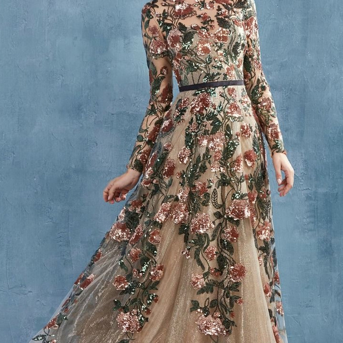 Sequin-Floral Long Sleeve Long Formal Dress - PromGirl