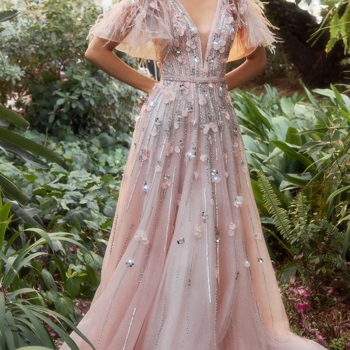 Flutter-Sleeve Long Blush Pink Prom Dress - PromGirl