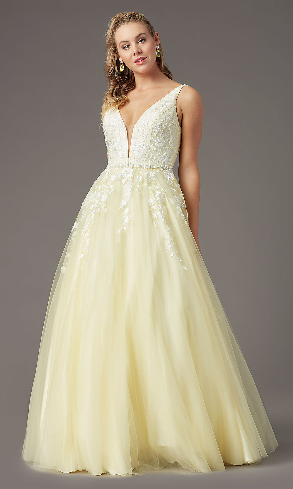 Long V-Neck Prom Ball Gown with Pearl Waist - PromGirl