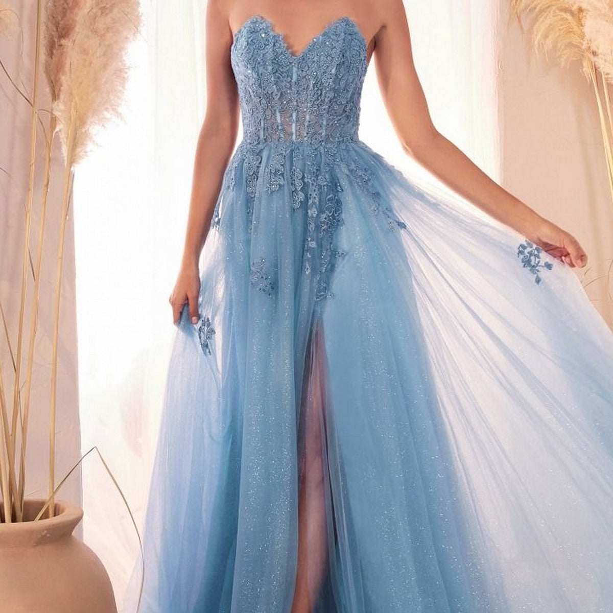 Strapless Long Glitter-Tulle Prom Dress
