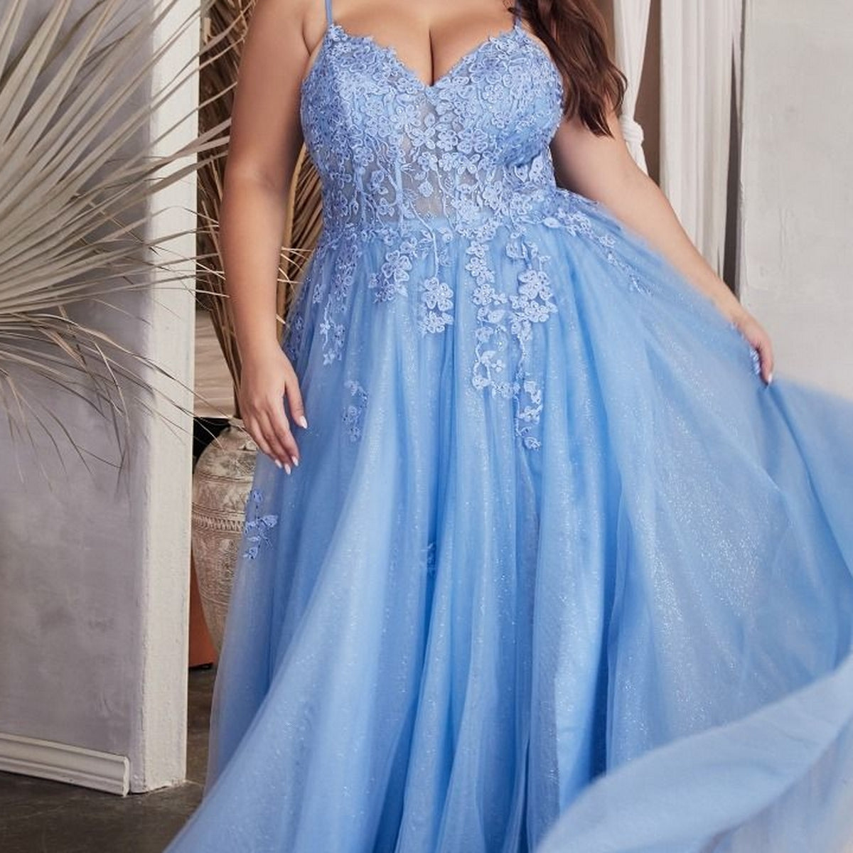 Plus-Size Long Lace-Up Prom Ball Gown