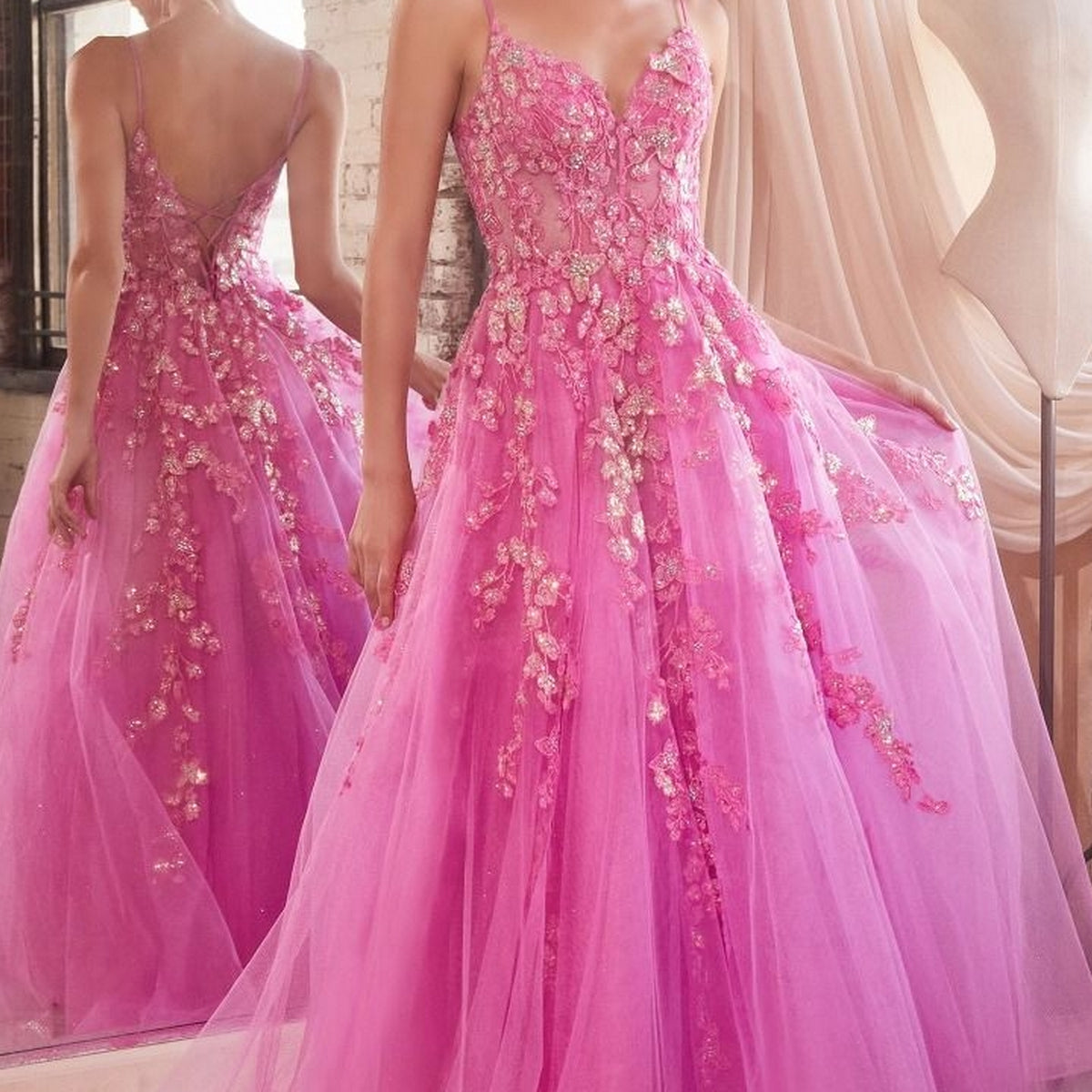 Floral Long Prom Dress with Lace-Up Back - PromGirl