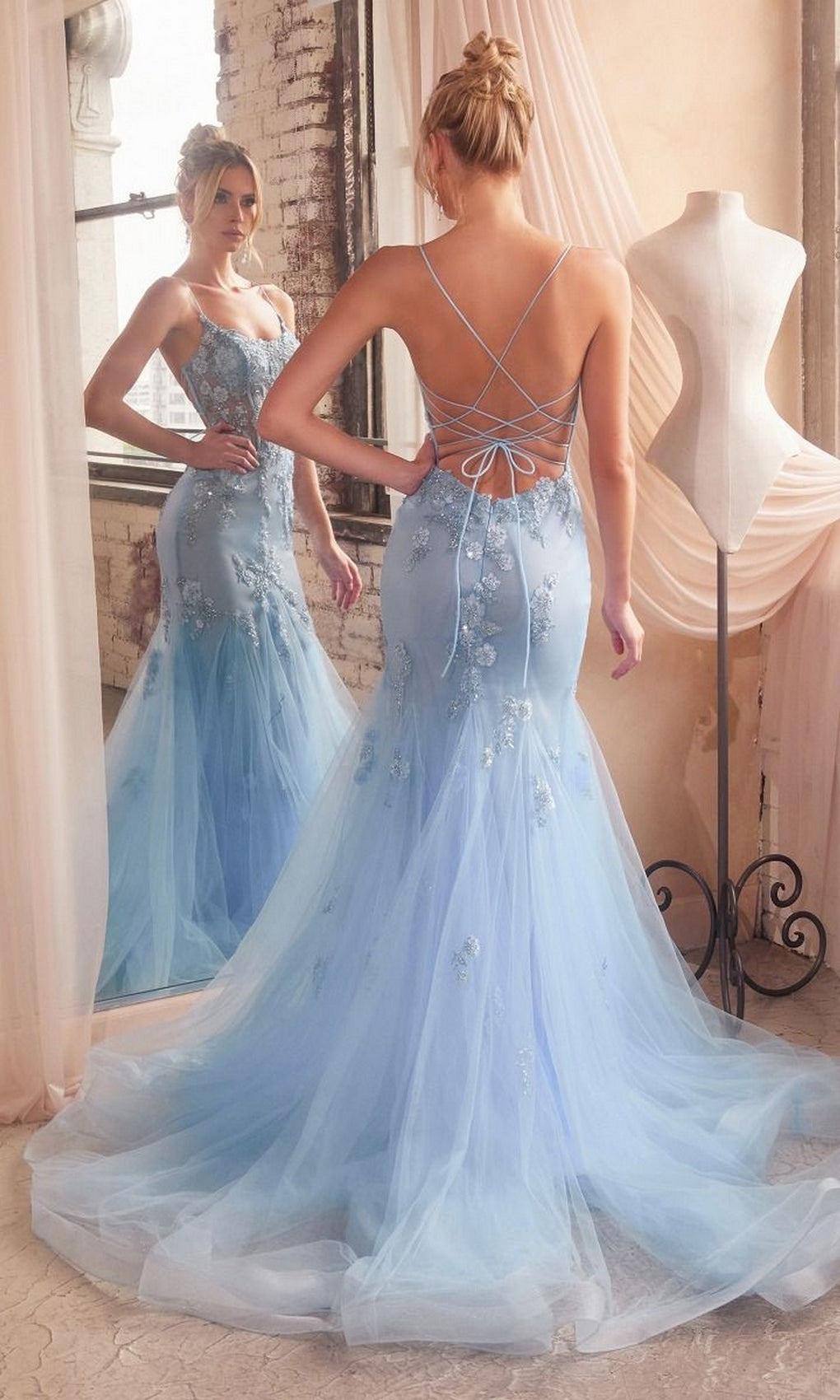 Sheer-Bodice Long Pastel Mermaid Prom Gown - PromGirl