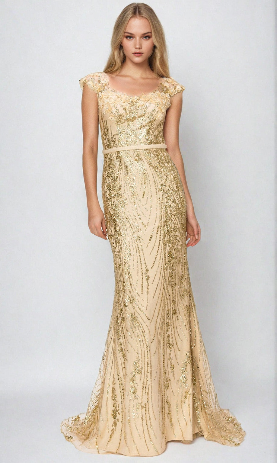 Cap-Sleeve Long Prom Dress with Glitter Print