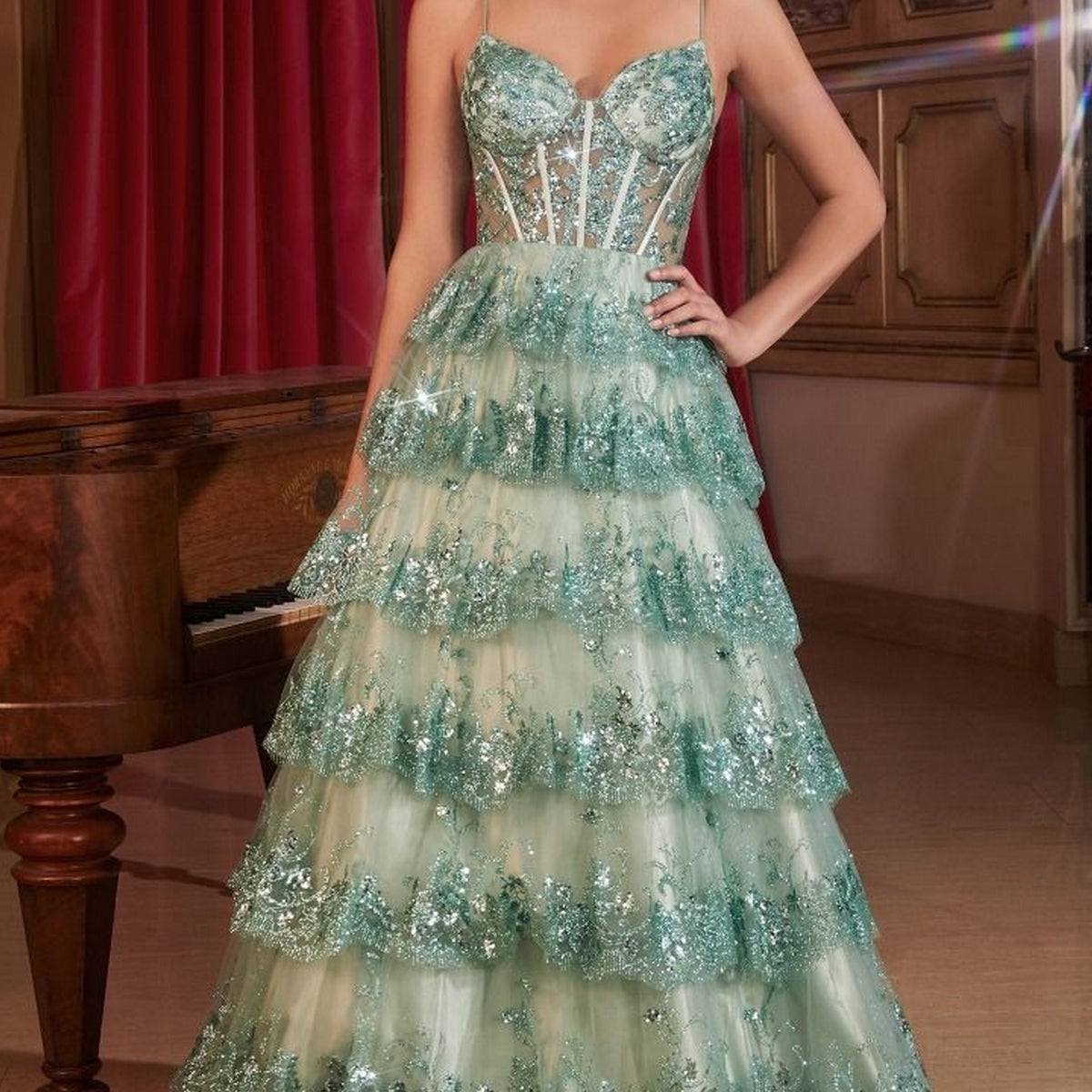 Long Sweetheart Glitter Prom Dress with Sheer Corset