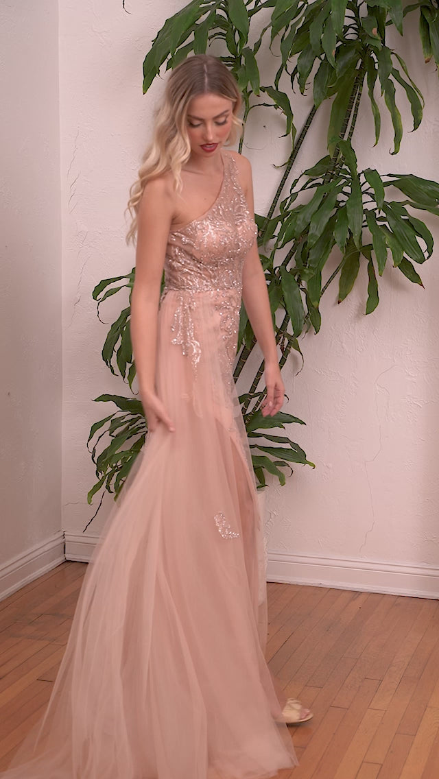 Rose Gold One-Shoulder Long Formal Gown - PromGirl