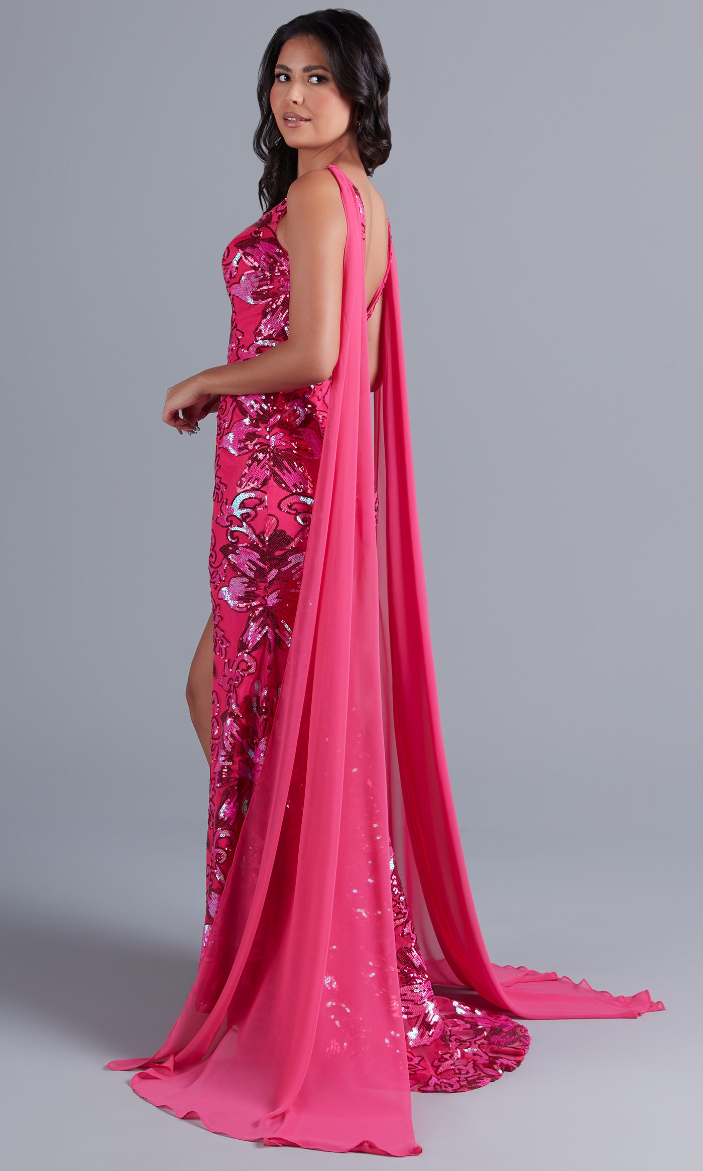 Long Sequin Prom Dress with Shoulder Capes - PromGirl