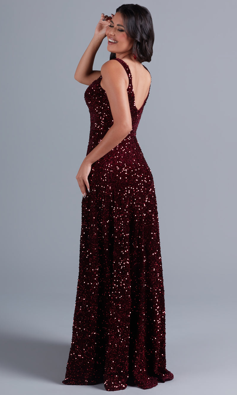 Burgundy Red Sequin-Velvet Long Prom Dress - PromGirl