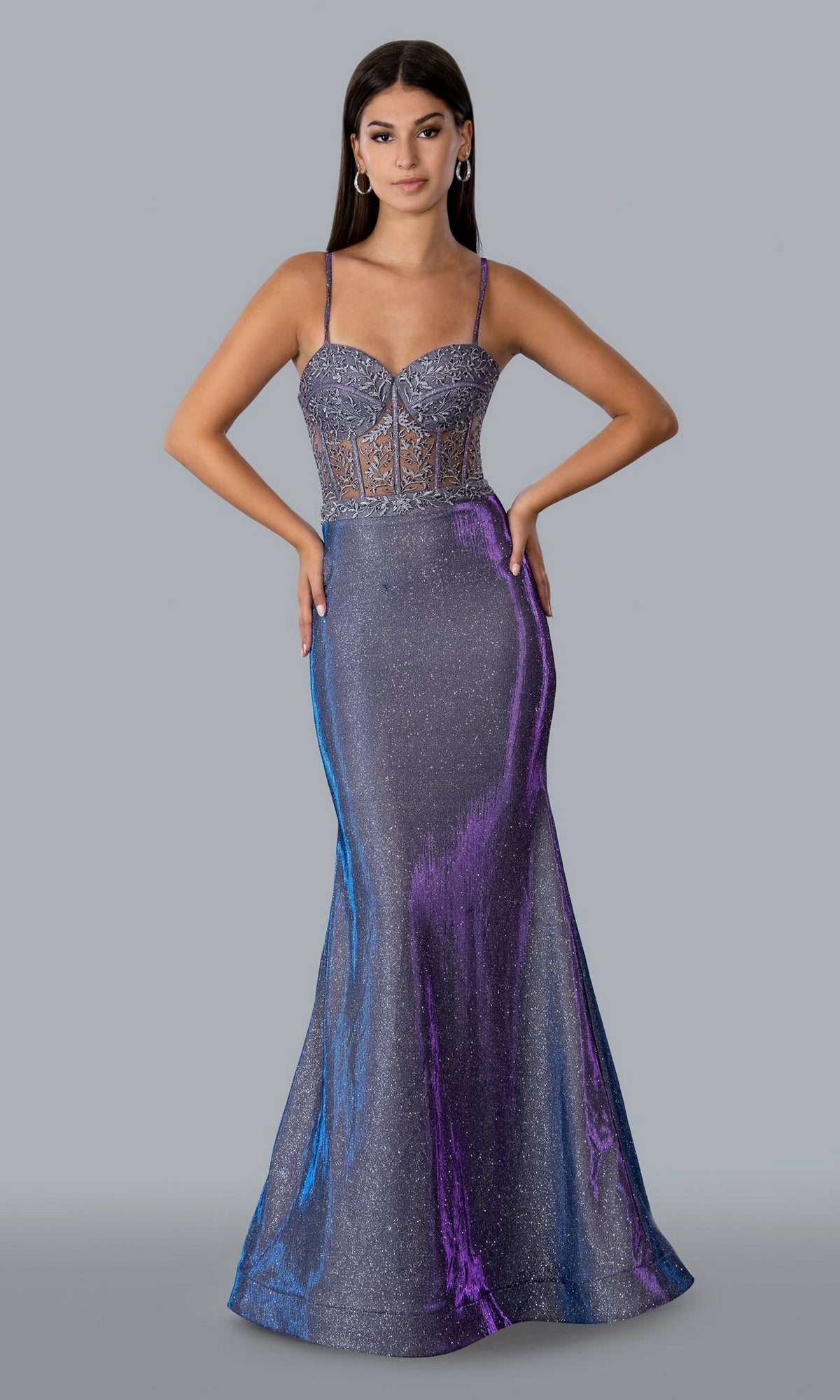 Long Glitter Prom Dress With Sheer Corset Promgirl