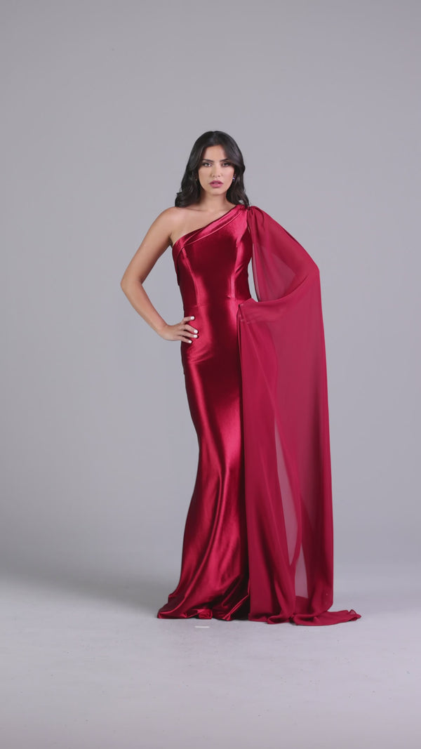 One-Shoulder Long Prom Dress with Cape - PromGirl
