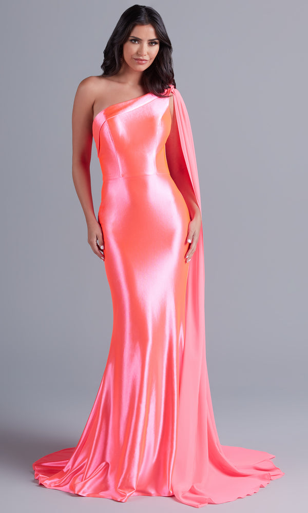 Sashed One-Shoulder Long Neon Prom Dress - PromGirl
