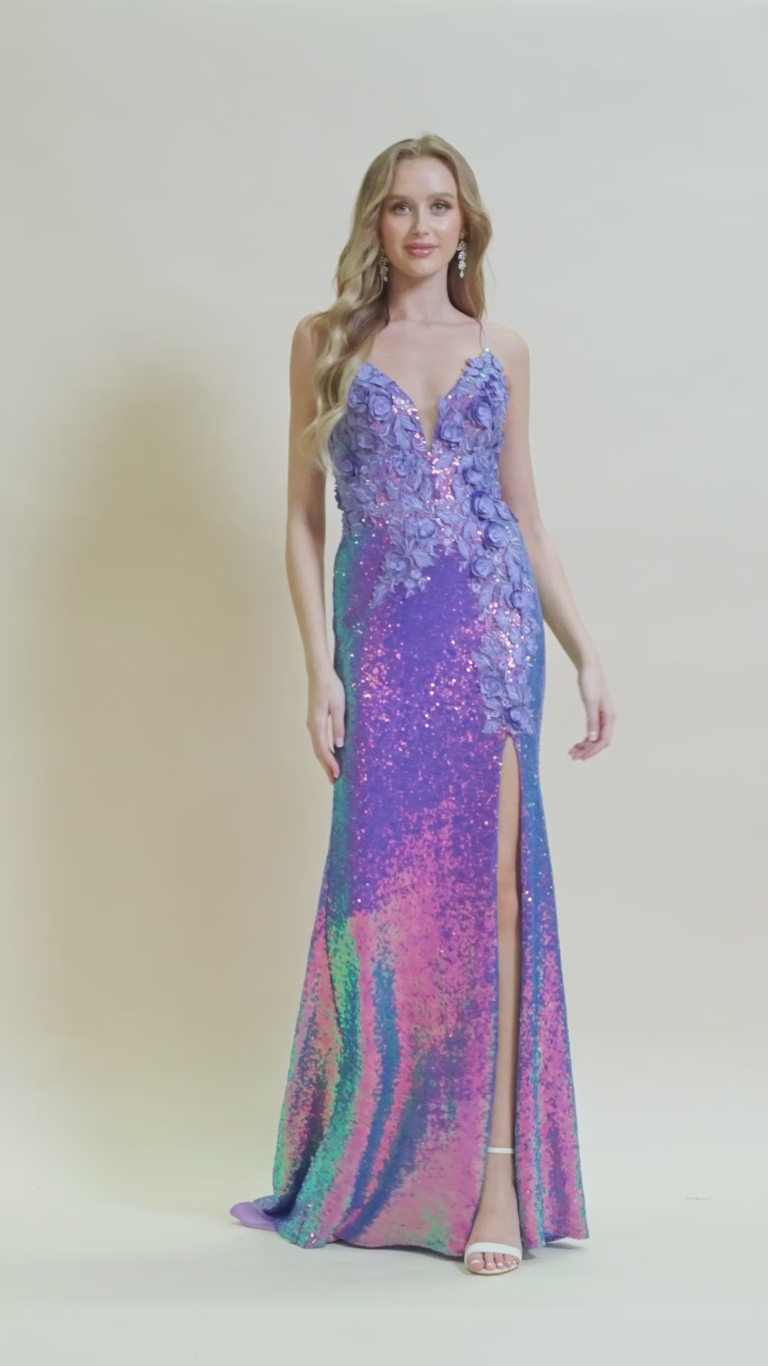 3-D Floral Long Sequin Prom Dress - PromGirl