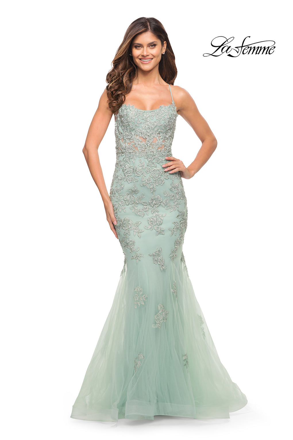 La Femme Designer Lace Mermaid Prom Dress - PromGirl