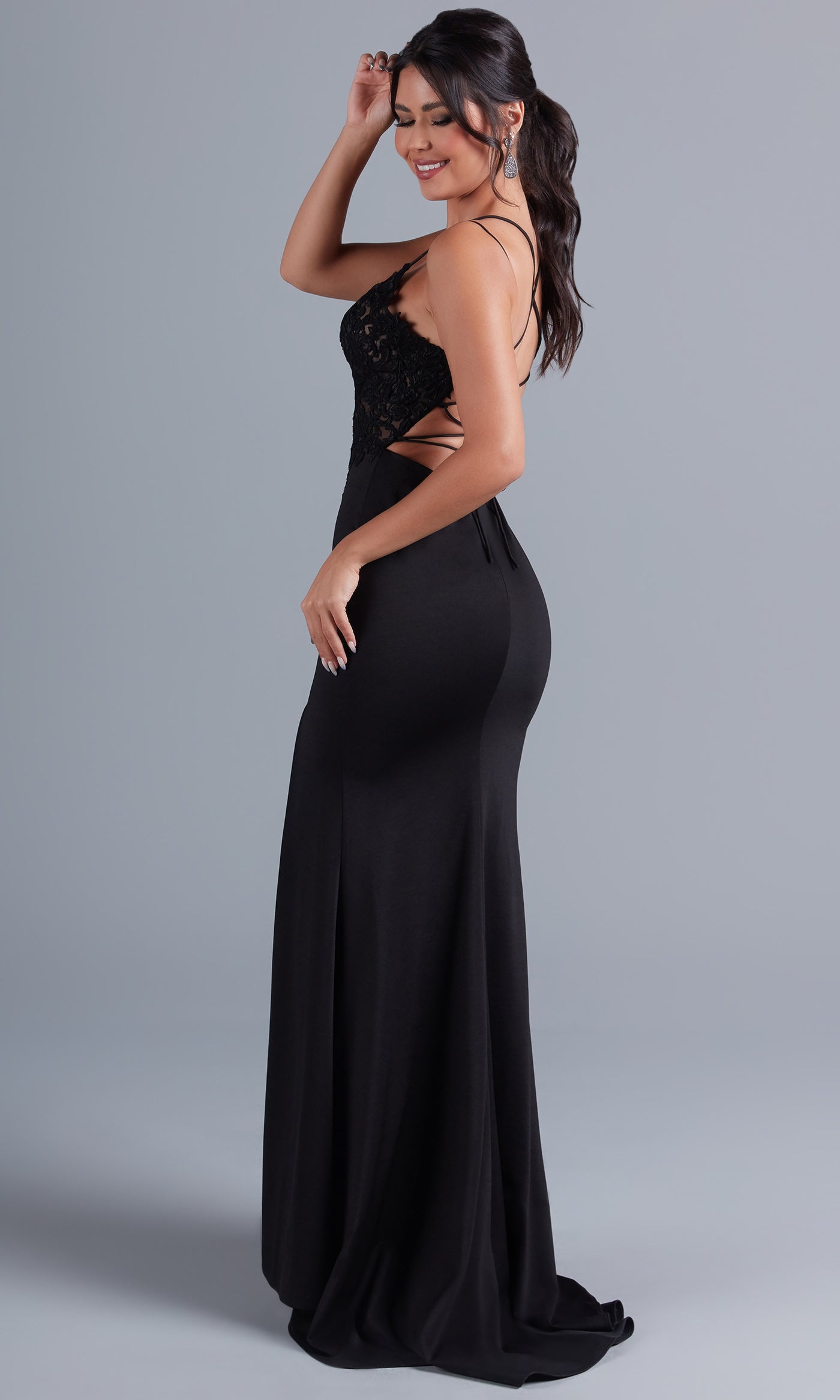 Lace-Bodice V-Neck Long Tight Prom Dress - PromGirl