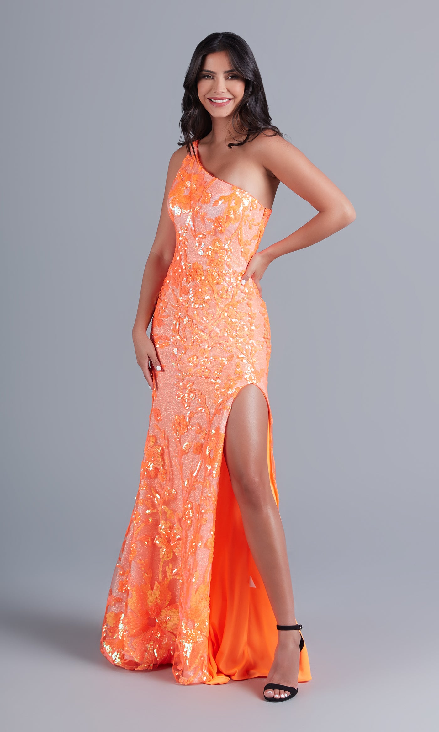 One-Shoulder Neon Sequin Long Prom Dress - PromGirl