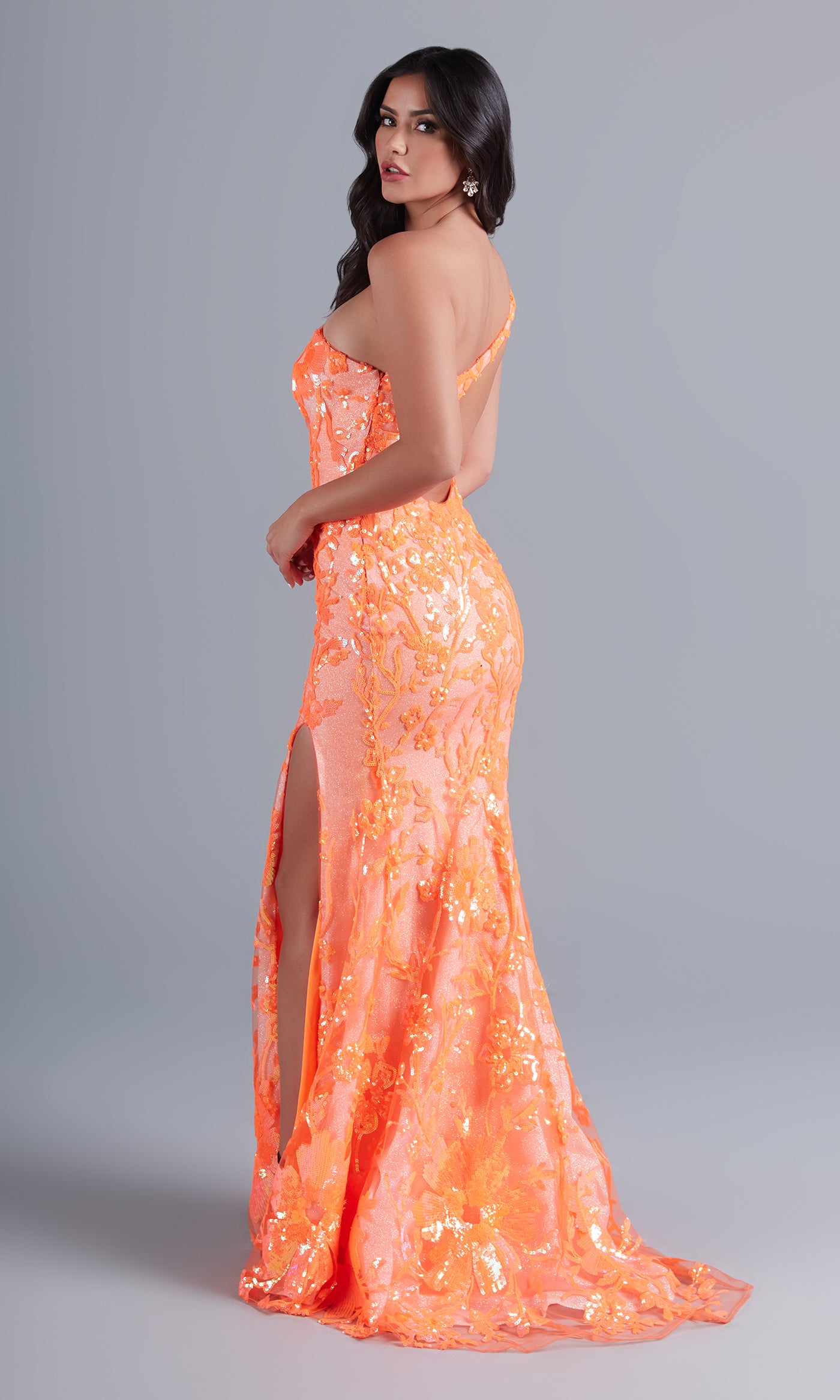 One-Shoulder Neon Sequin Long Prom Dress - PromGirl