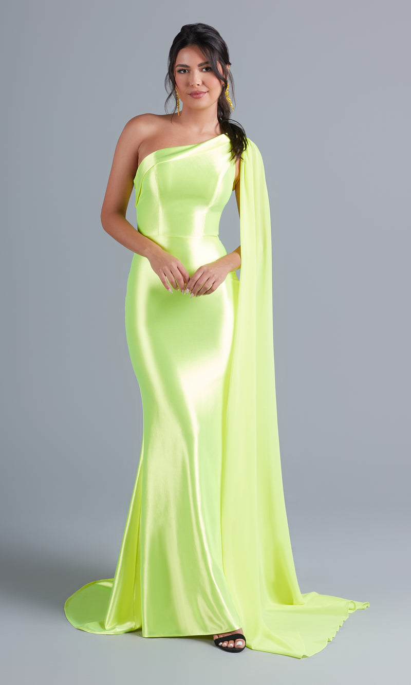 Sashed One-Shoulder Long Neon Prom Dress - PromGirl