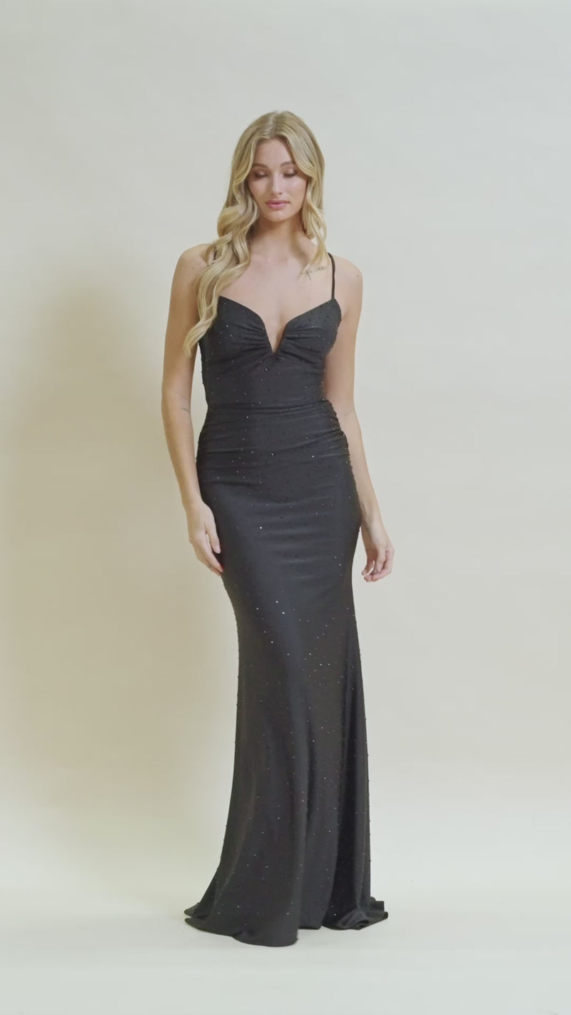 Notched V-Neck Beaded Long Formal Gown - PromGirl