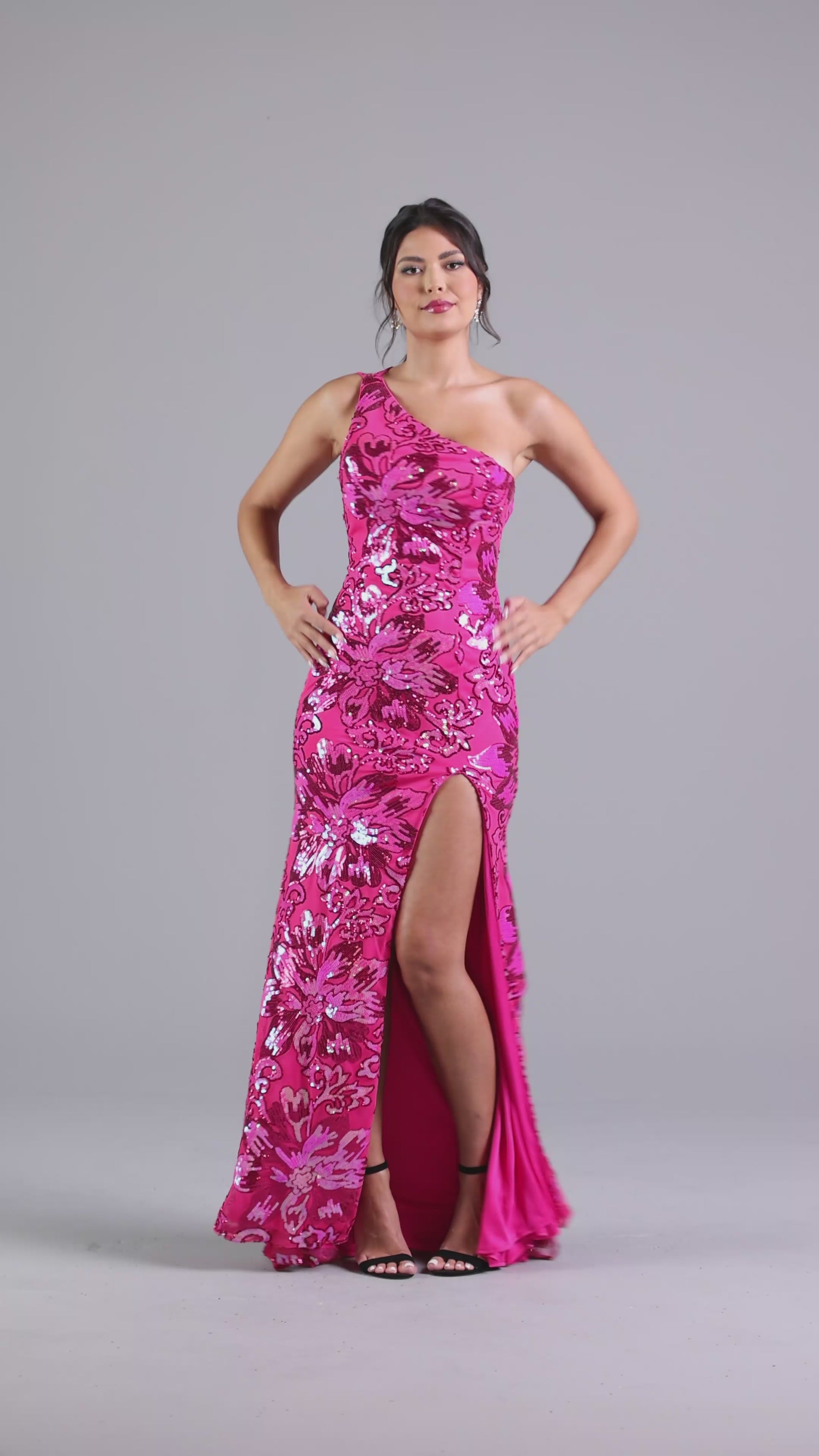 One-Shoulder Hot Pink Sequin Prom Dress - PromGirl