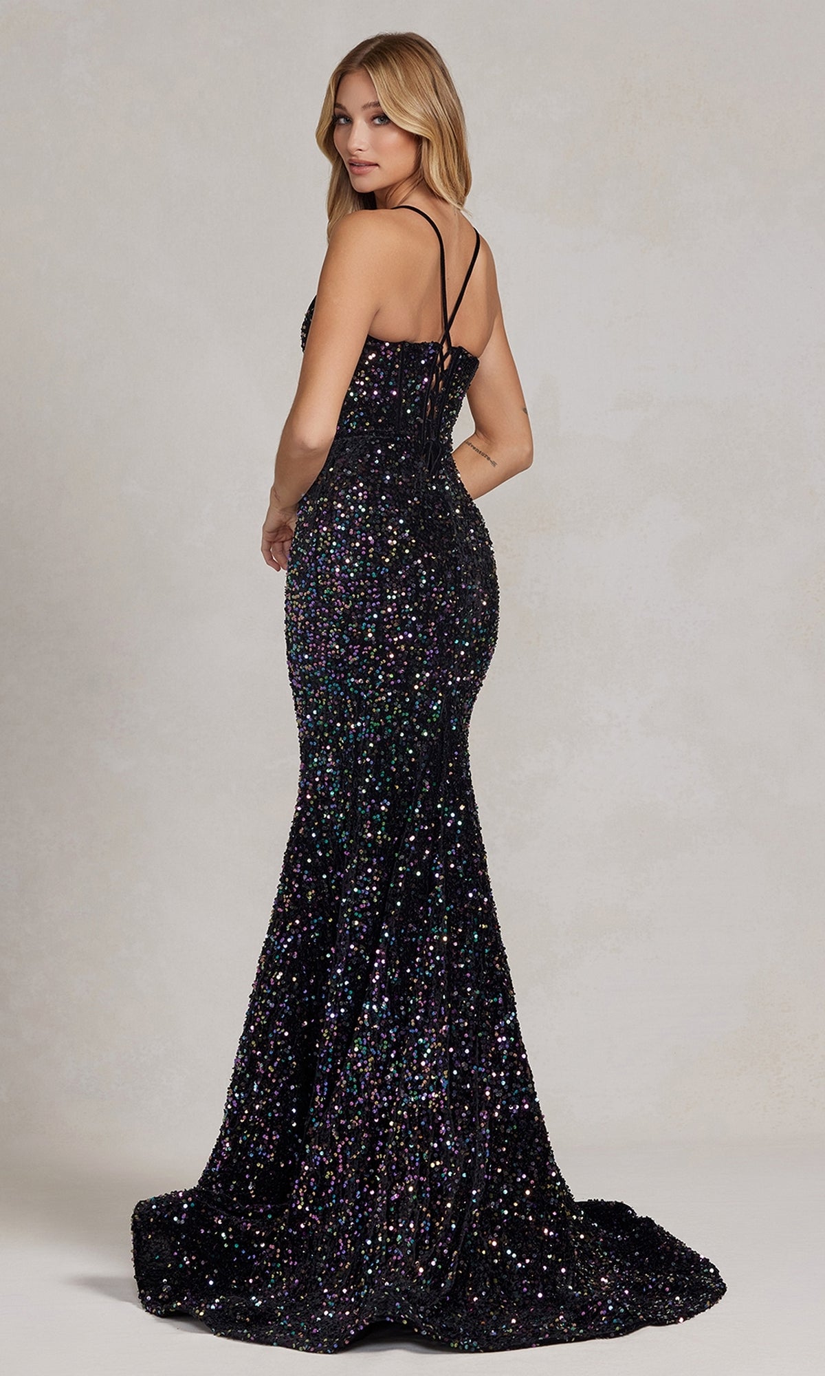 Lace Up Long Sequin Prom Dress With Train Promgirl