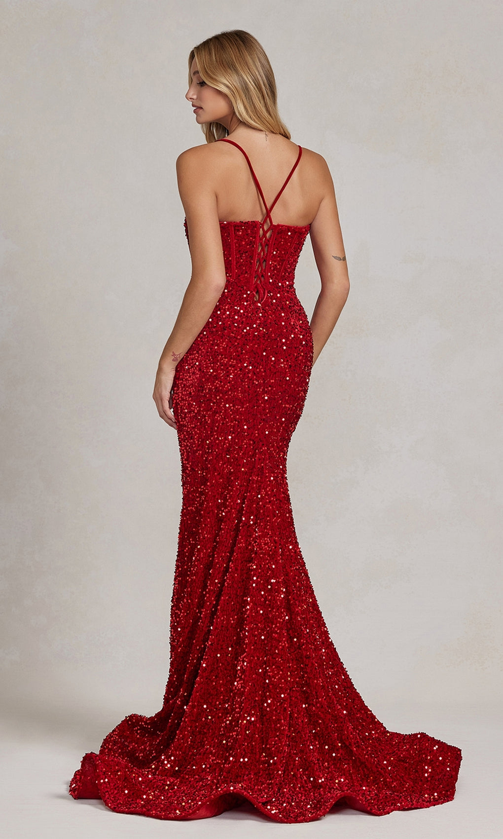 Lace-Up Long Sequin Prom Dress with Train - PromGirl