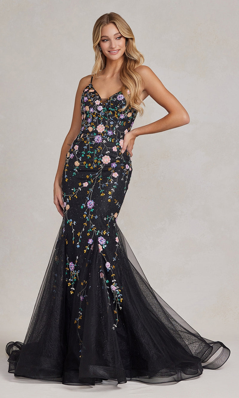 Floral-Sequin-Print Mermaid Prom Dress - PromGirl