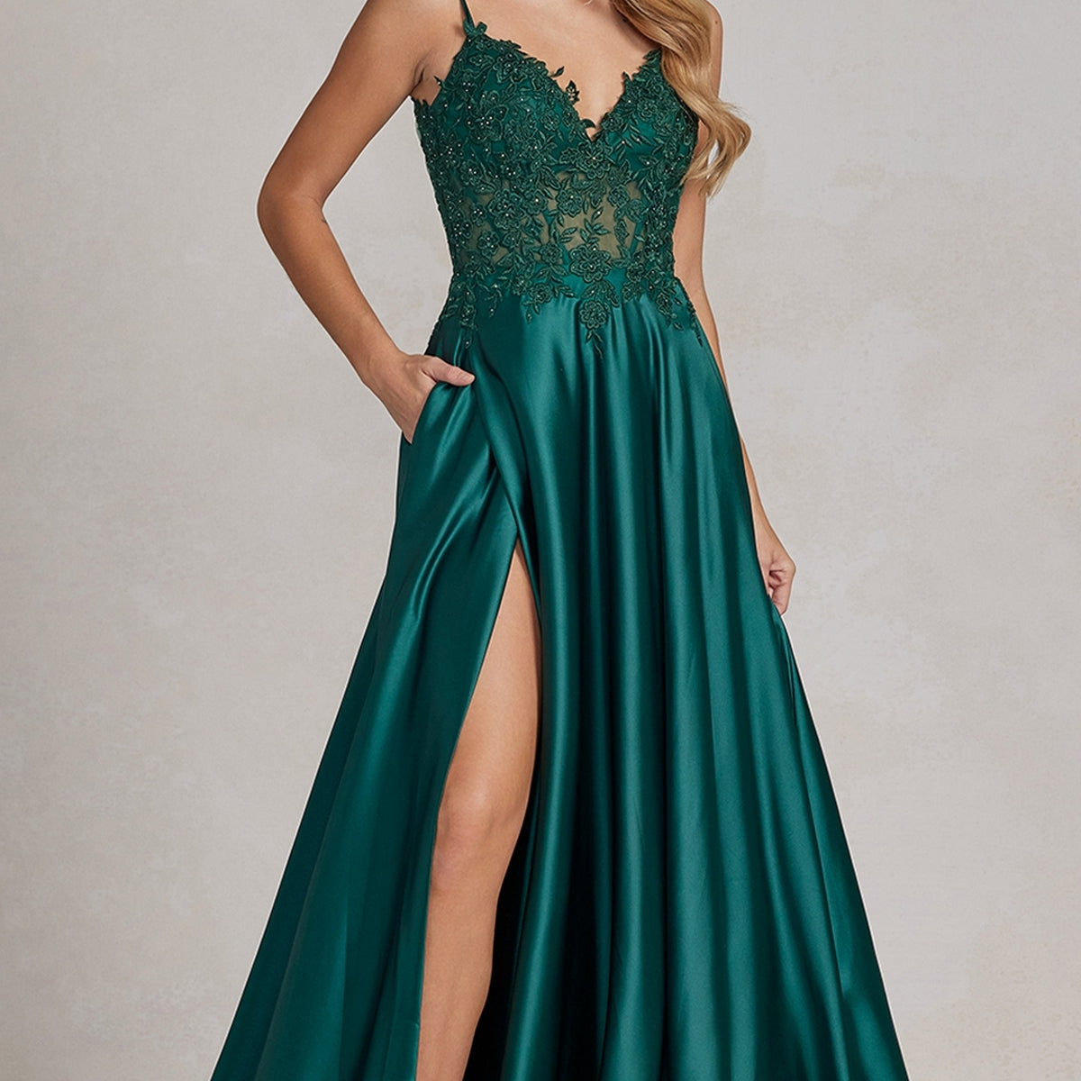 Faux-Wrap Long Prom Dress with Corset - PromGirl