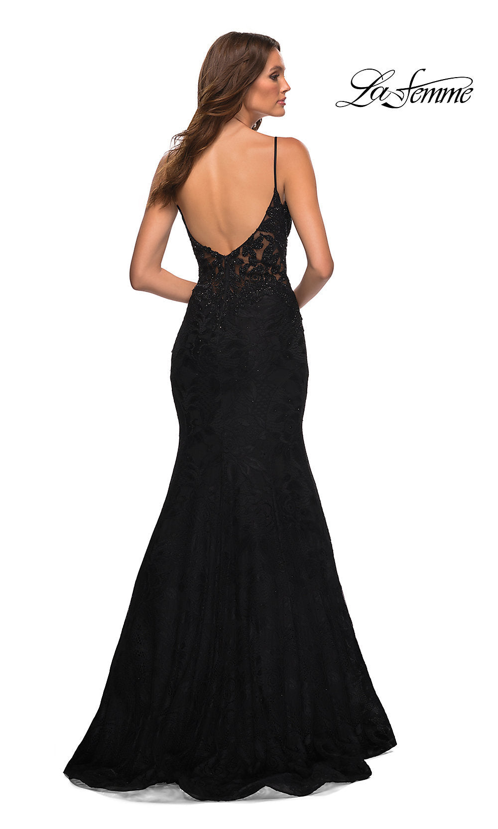 La Femme Sheer-Waist Lace Mermaid Prom Dress -PromGirl