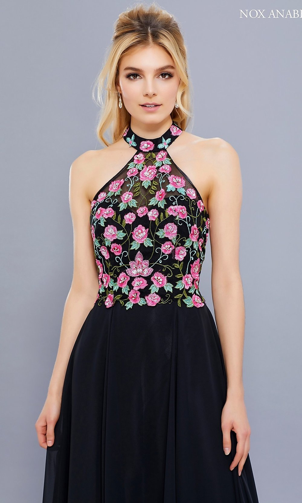 Long Halter Prom Dress With Embroidery Promgirl