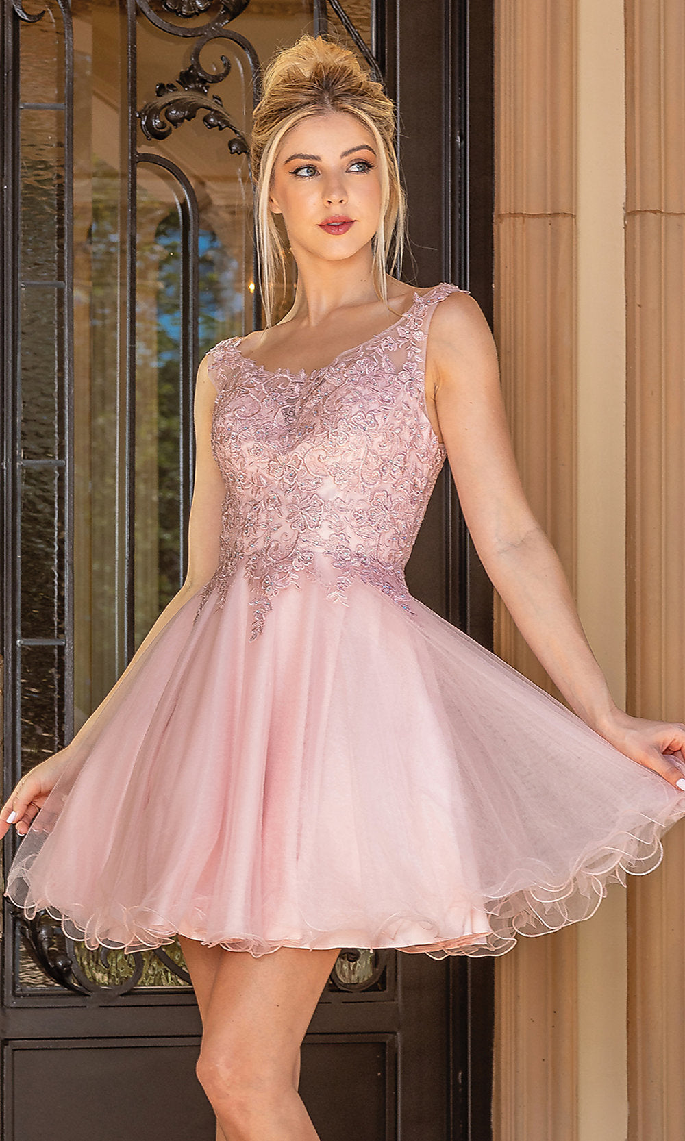 Short A-Line Prom Dress with Sheer Bodice - PromGirl