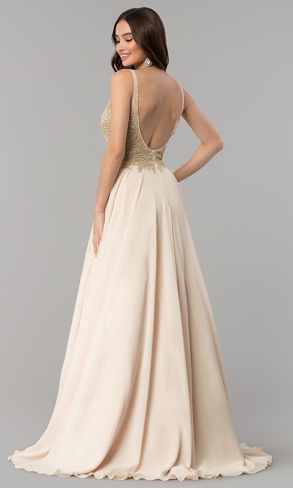 Accented-Bodice Long Chiffon Prom Dress - PromGirl