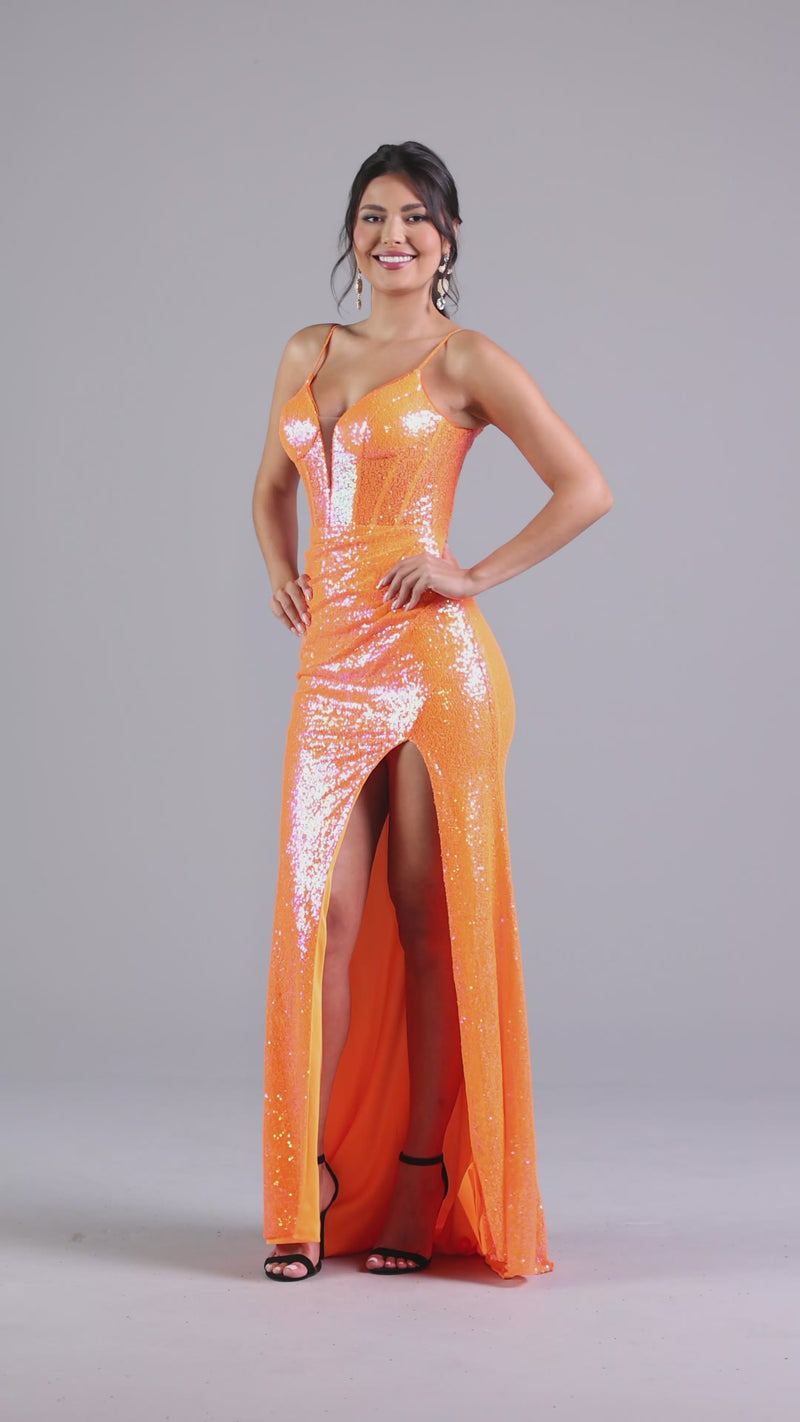 Long Tight Sequin Neon Prom Dress - PromGirl