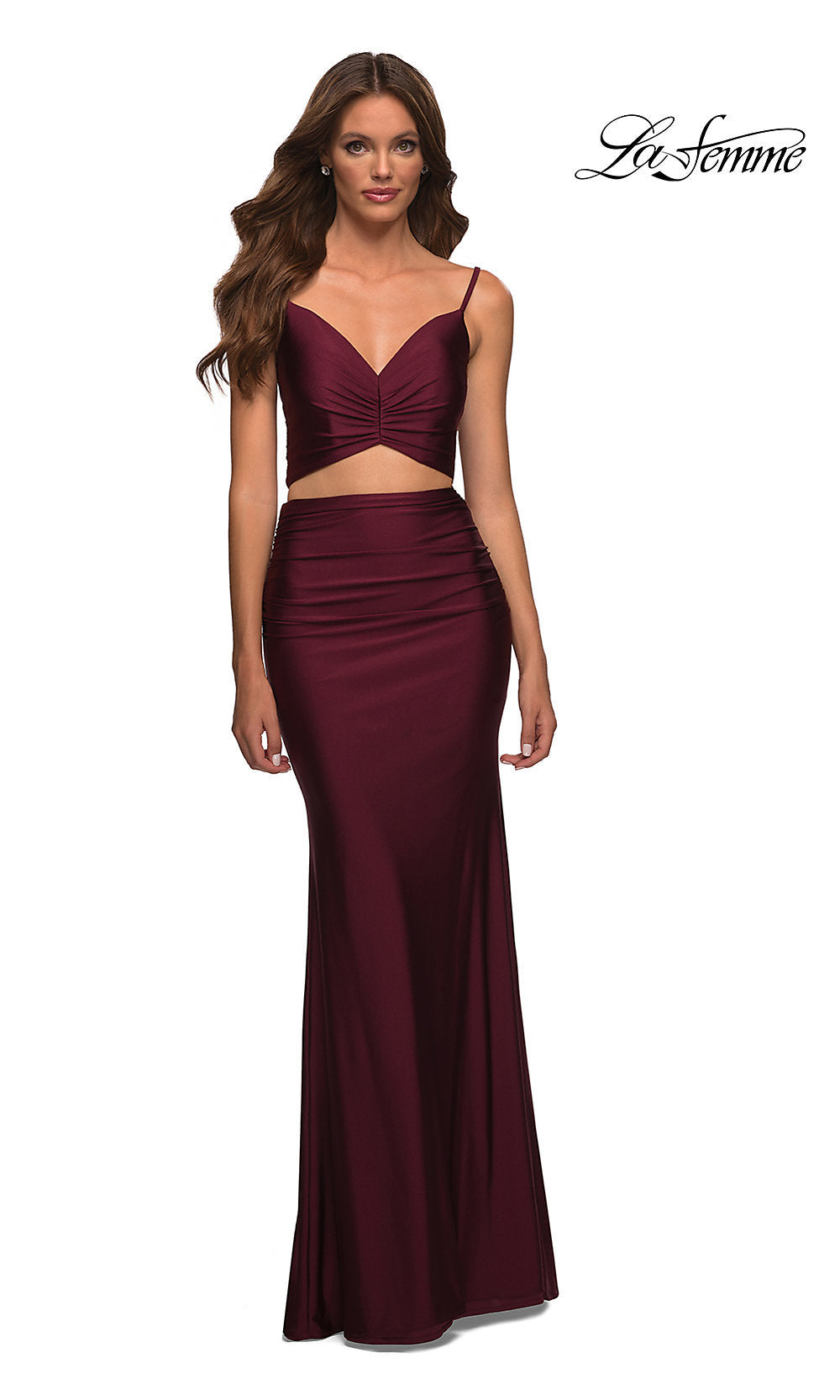 Long La Femme Two-Piece Dark Red Prom Dress - PromGirl