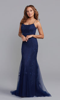 Long Blue Prom Dress with Statement Back - PromGirl