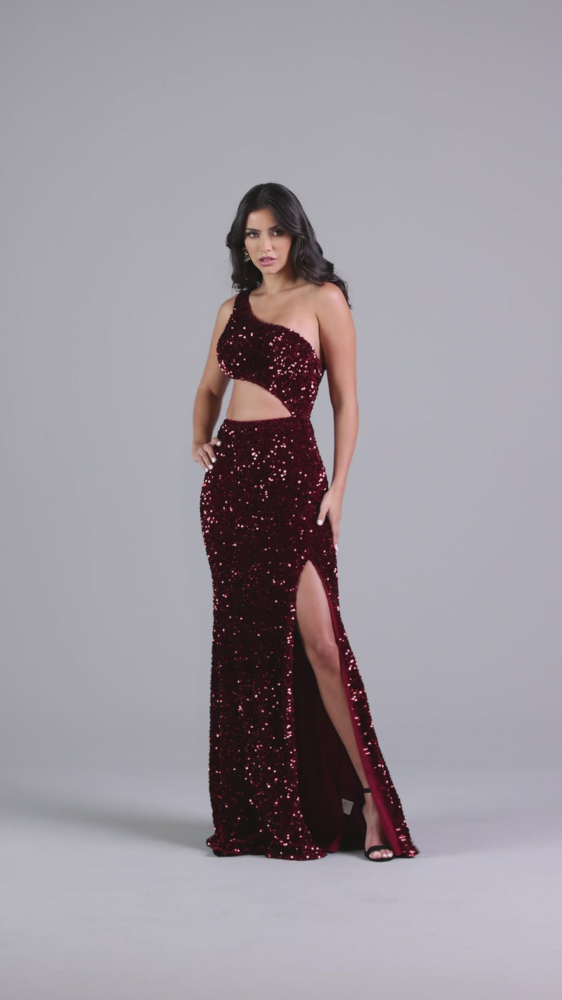 Long Red Sequin Prom Dress with Cut Out - PromGirl