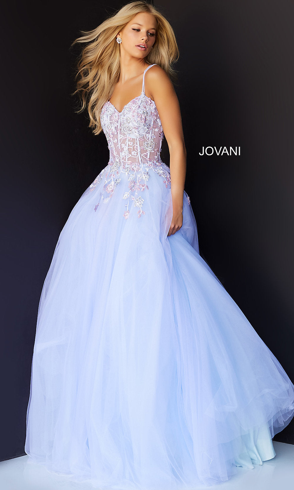 Jovani Purple Sheer-Bodice Prom Ball Gown - PromGirl