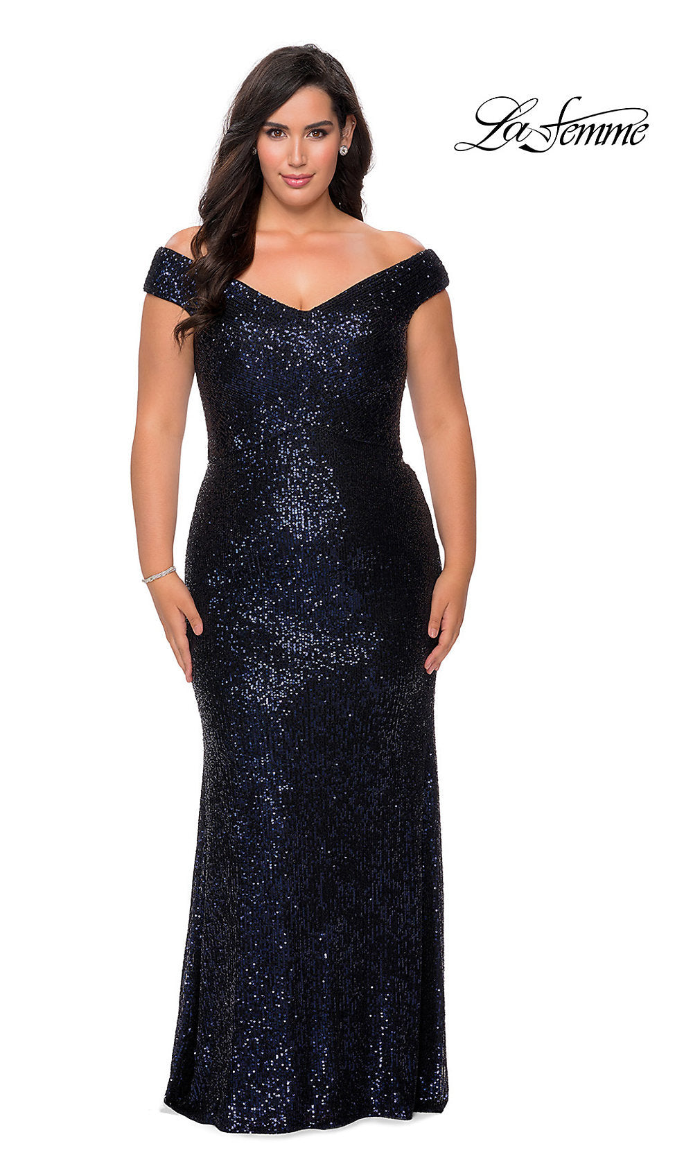 Off-the-Shoulder Sequin Plus-Size Prom Dress -PromGirl