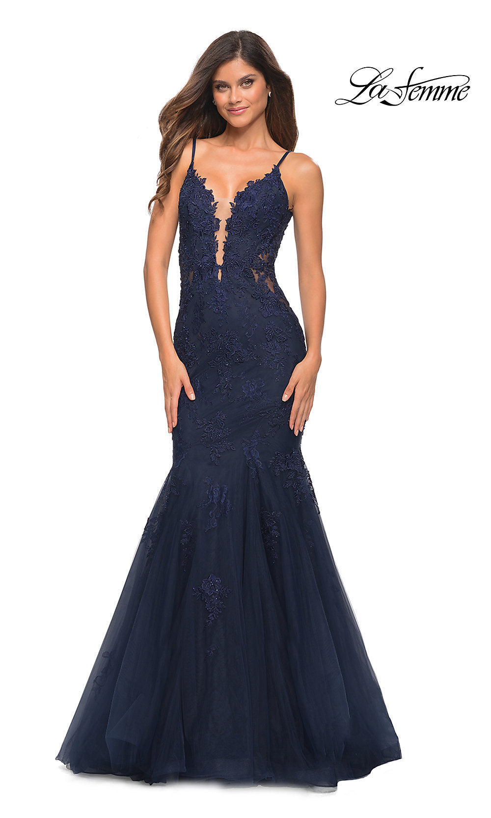 La Femme Sheer-Lace Long Mermaid Prom Dress - PromGirl