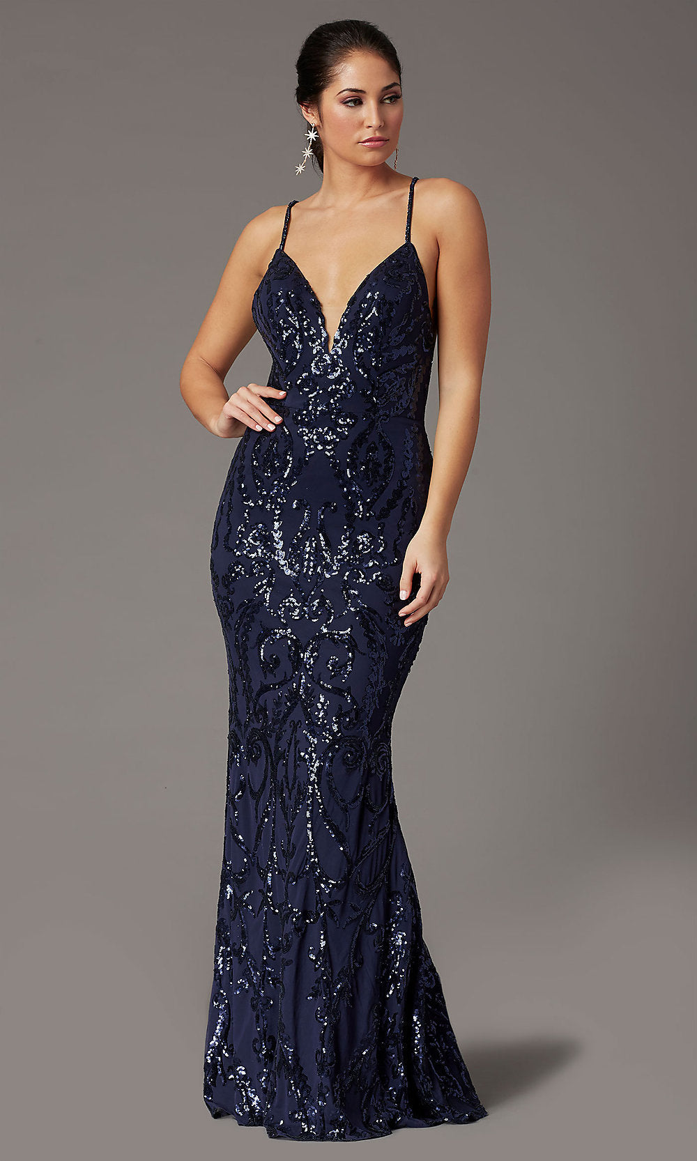 Long Navy Blue Sequin Trumpet Prom Dress - PromGirl