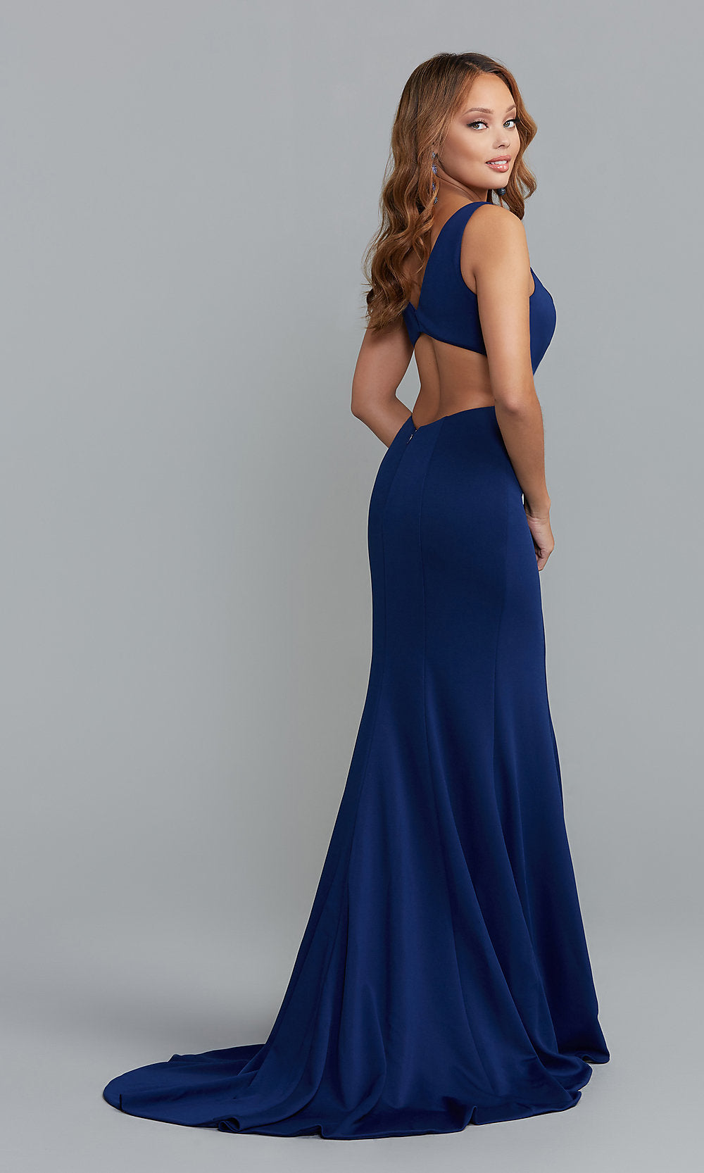 Navy Blue Long Open-Back Prom Dress - PromGirl