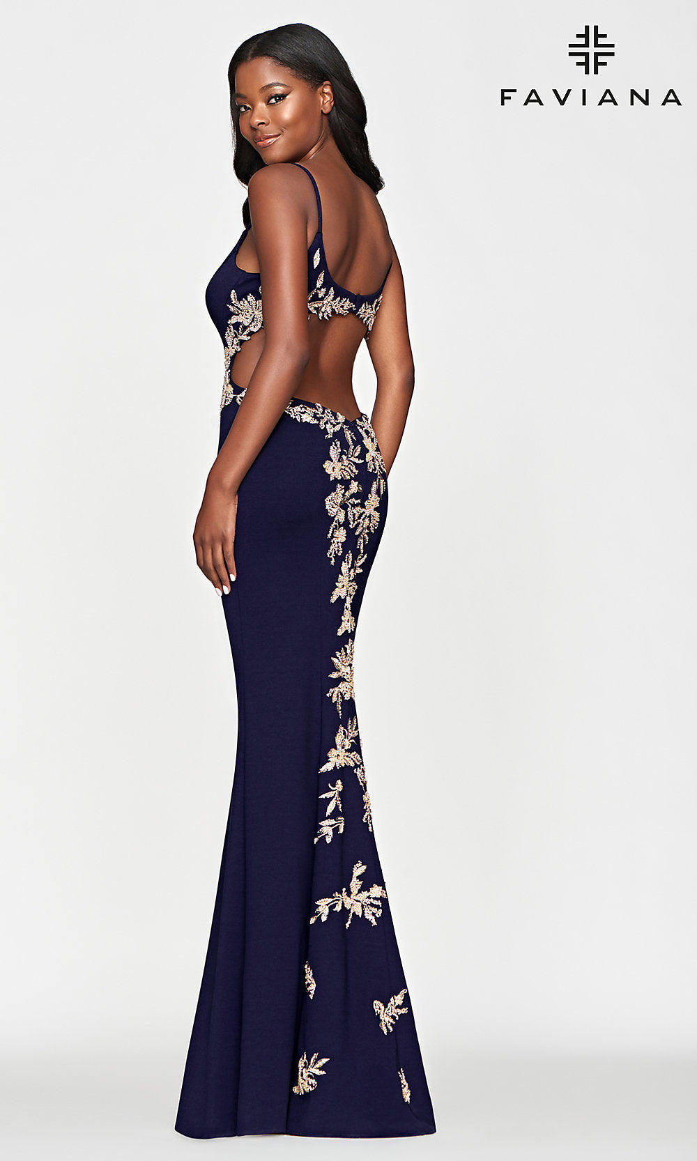 Gold-Beaded Long Navy Faviana Prom Dress - PromGirl