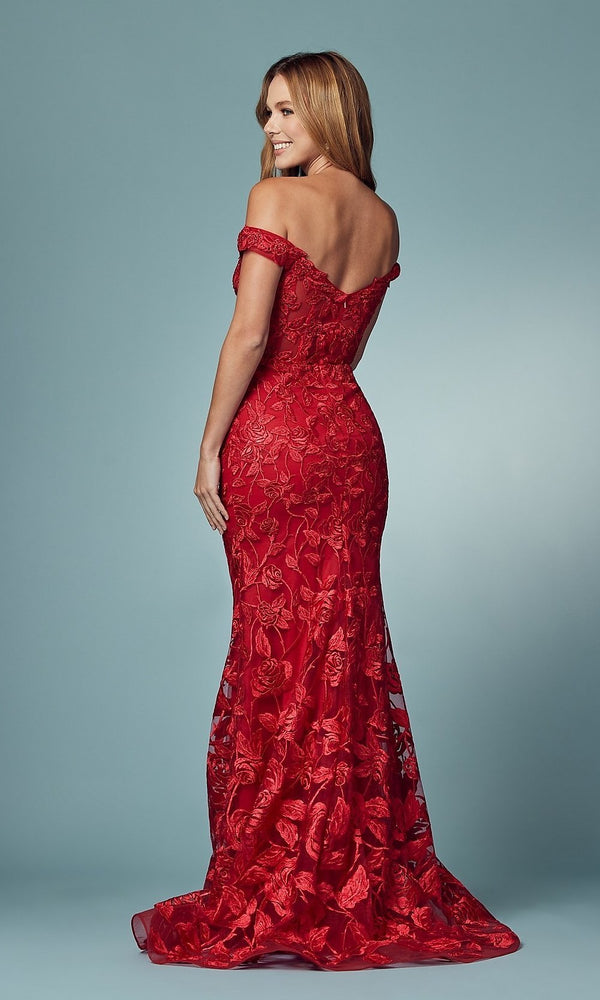 Red Lace Off-the-Shoulder Formal Prom Dress - PromGirl