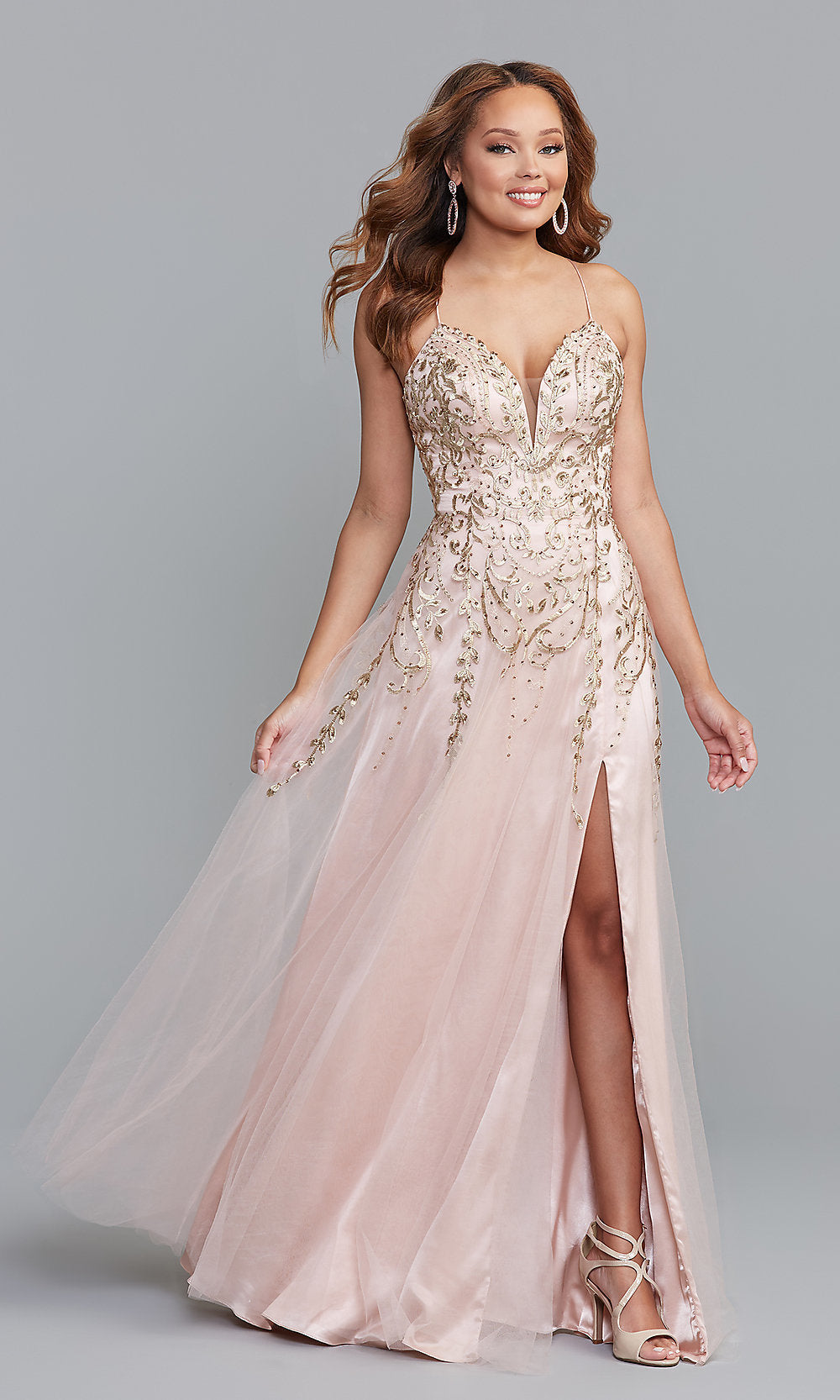 Long Prom Dress with Metallic Embroidery - PromGirl