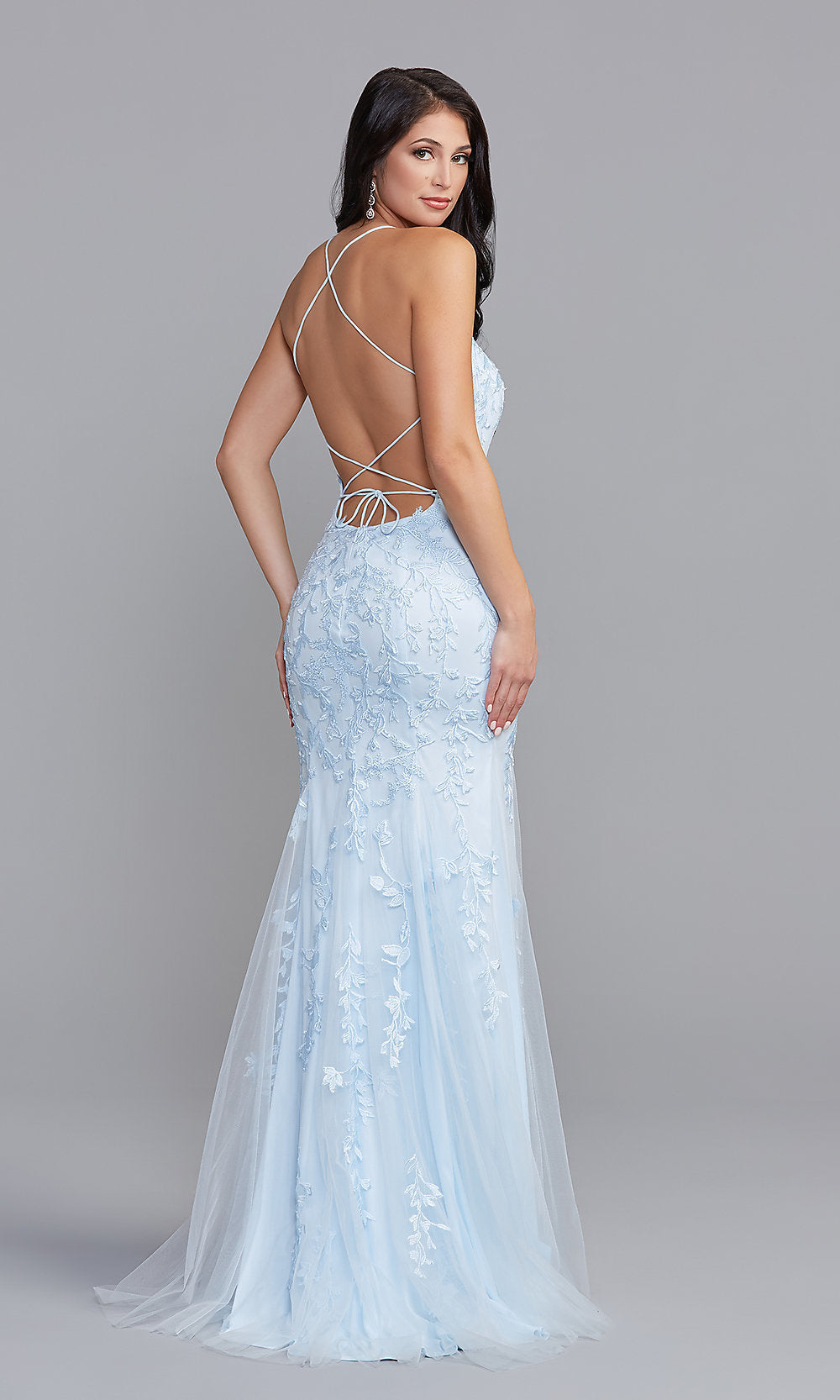 Long Blue Prom Dress with Statement Back - PromGirl