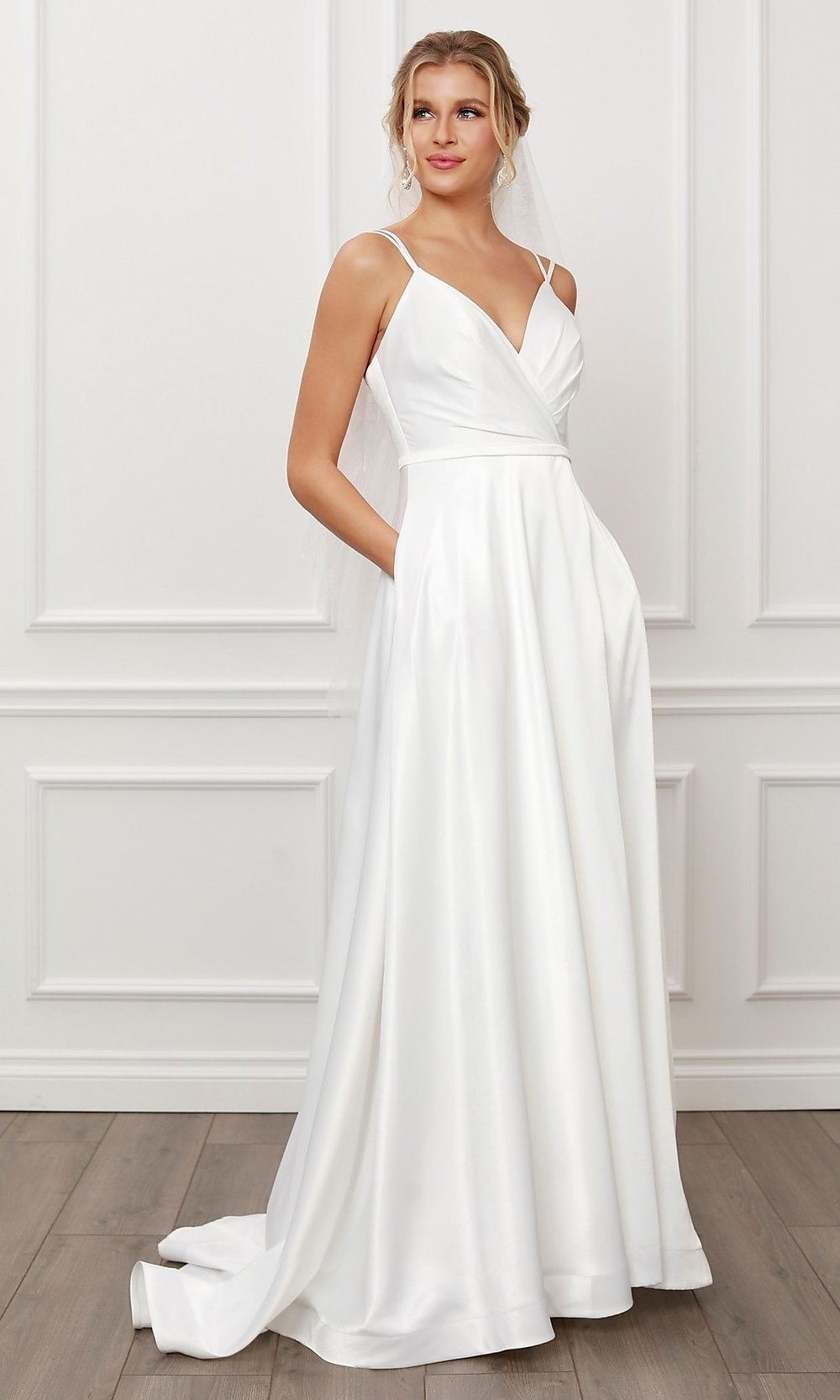 Long White Satin Formal Gown with Train - PromGirl